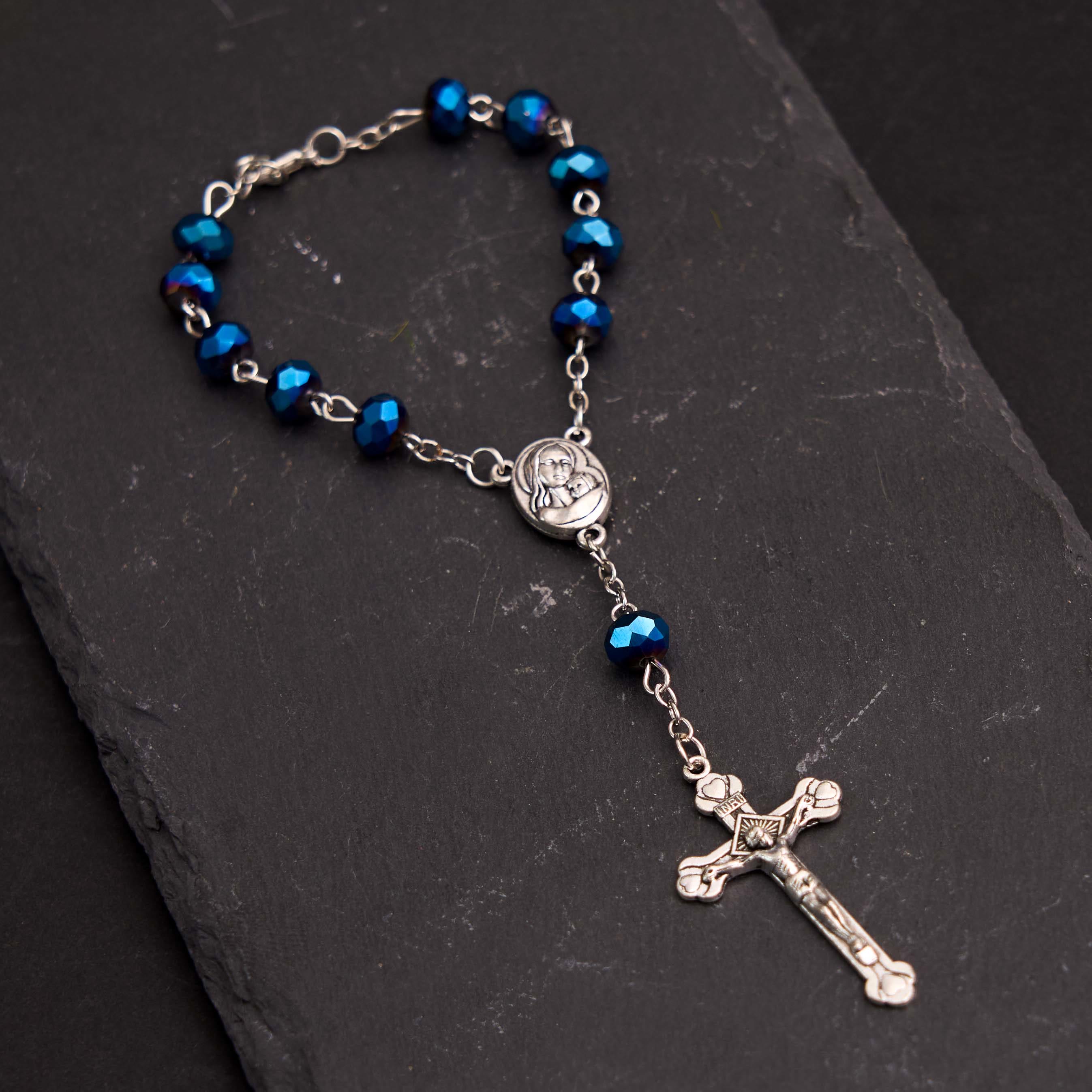 Blue Crystal Gemstone Virgin Mary Bracelet Rosary – Christian Art Workshop