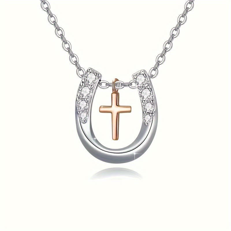 Christianartworkshop Minimalist Style Hollow Horseshoe Cross Pendant Necklace