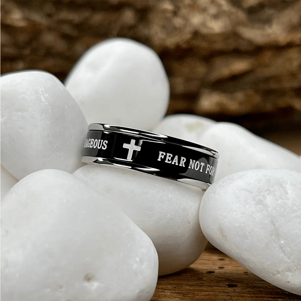 Titanium Rotating Cross Ring - "Fear Not, Courageous" Christian Jewelry ...