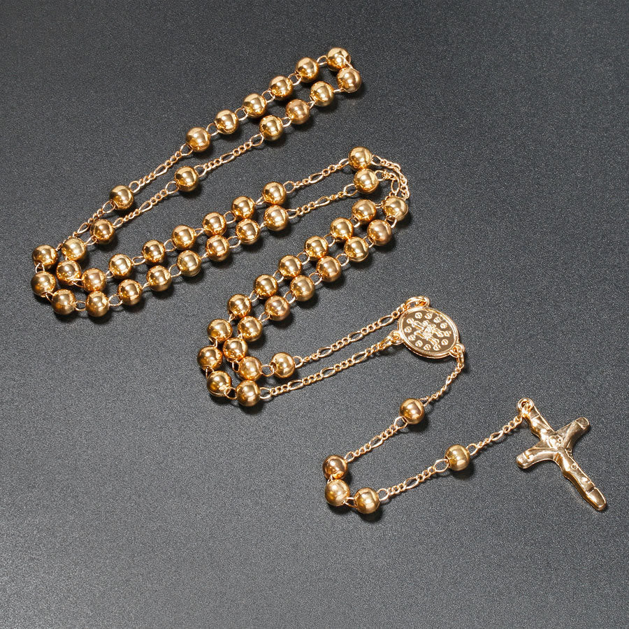 Gold Virgin Mary Rosary Necklace - Long Jesus Cross Beaded Chain (6mm ...