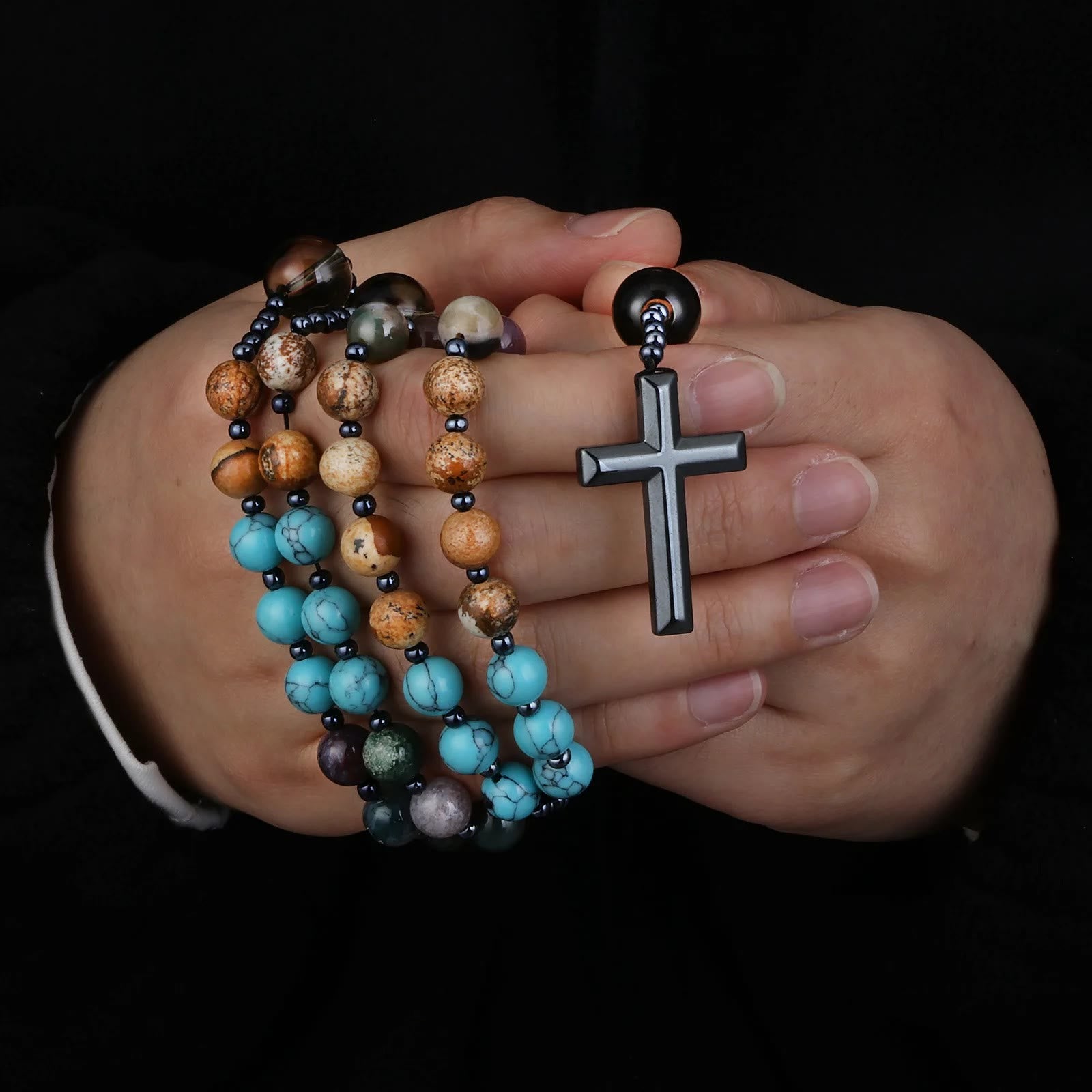 Hematite Cross Christian Religious Seven Stones Rosary – Christian Art ...