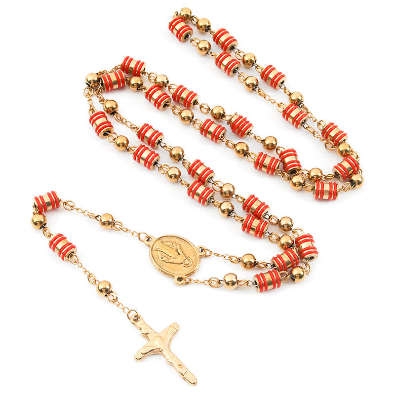 Red Rubber Ring & Gold Beads Cross Rosary - 6mm Handmade Stainless ...