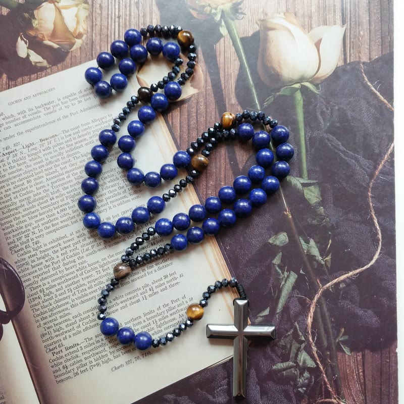 Christianartworkshop Cross of 4*8 mm Round Blue Hematite Bluestone Nyl ...