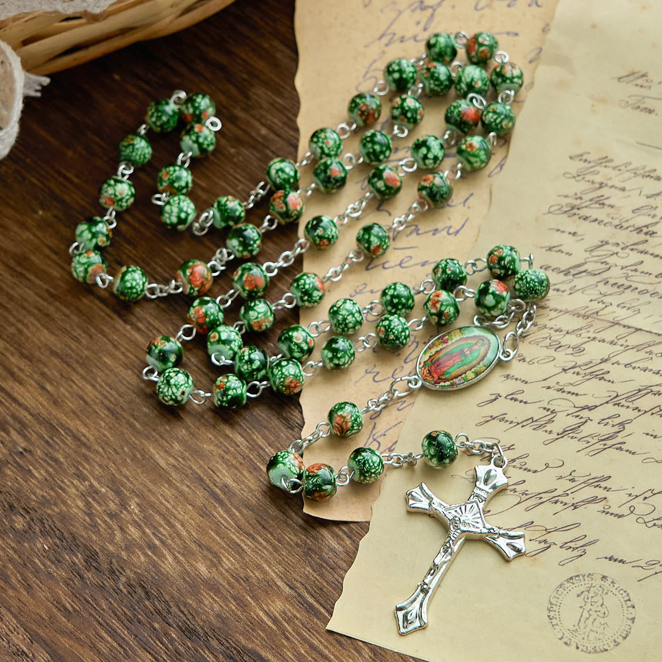 Our Lady Medal & Crucifix 8mm Green Glass Bead Rosary — 5-Decade ...