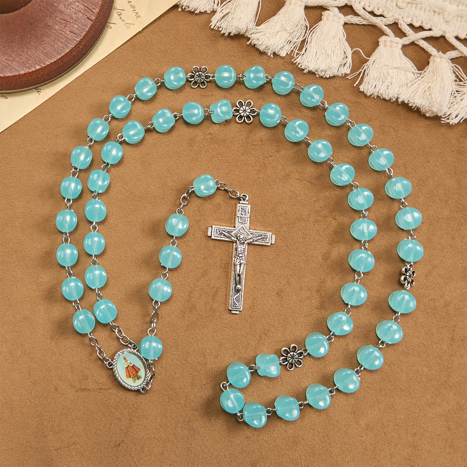 Blue Cube Beads Rosary - Rose Alloy Chain with Our Lady Icon & Crucifix ...