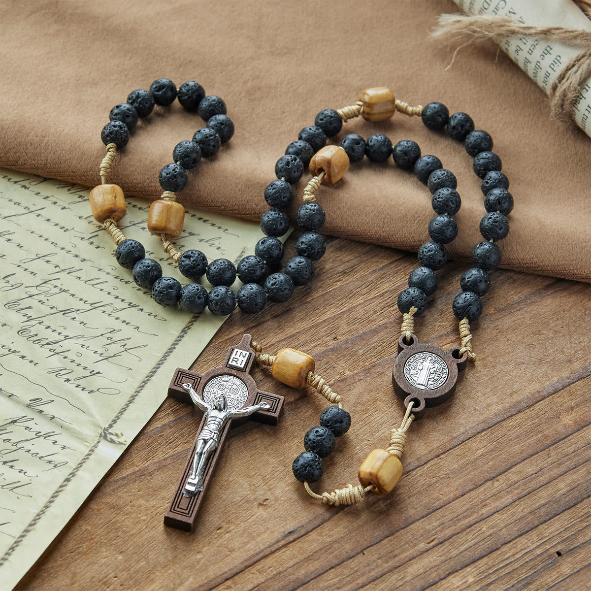 Christianartworkshop Natural Volcanic Stone Rosary with St. Benedict ...