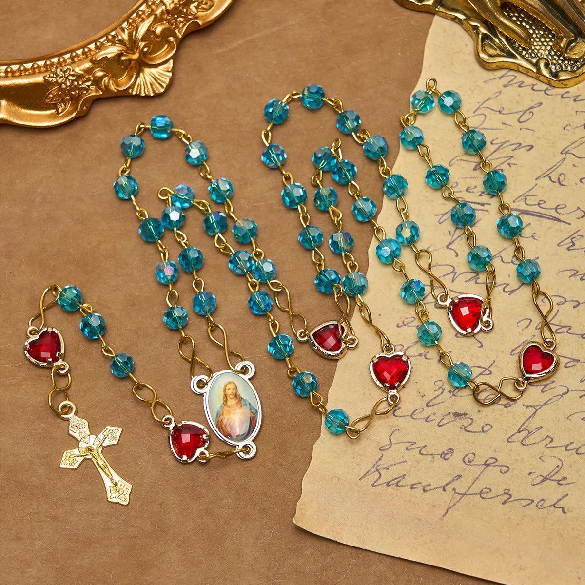 Christian Jewelry: Sacred Heart of Jesus Rosary – 6mm Polyhedron Blue ...
