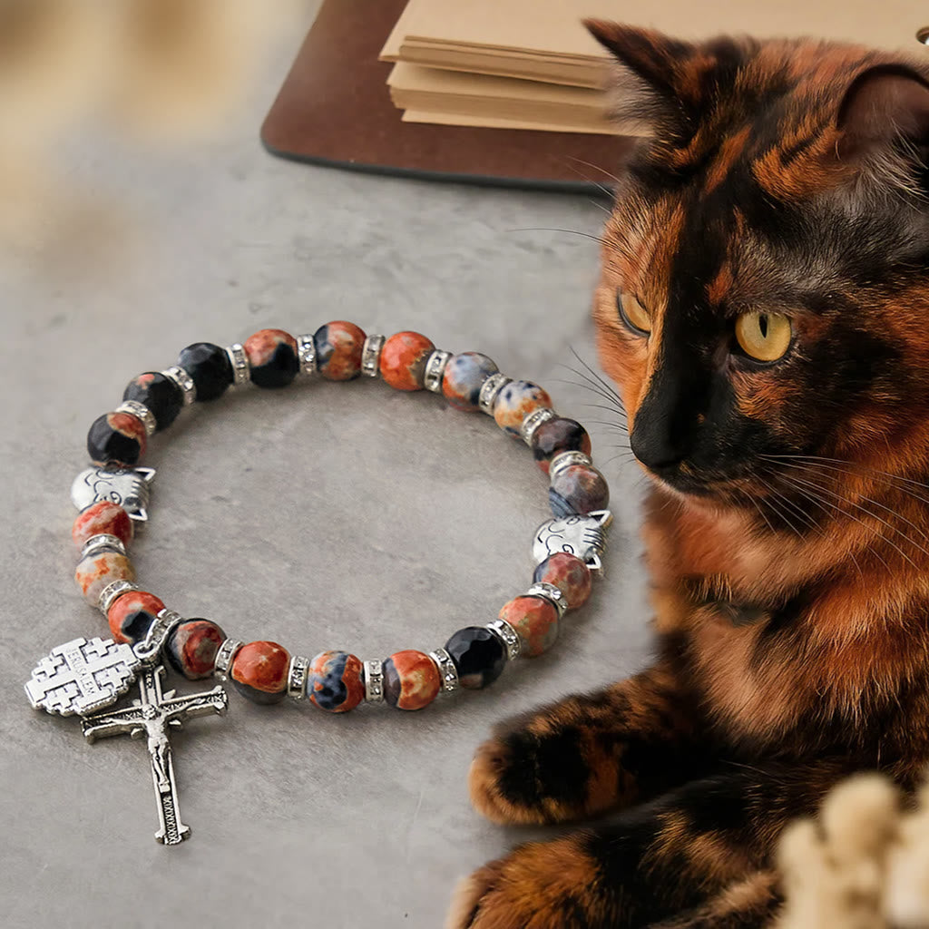 Marbling Agate Calico Cat Bracelet with St. Benedict Medal and Crucifix ...