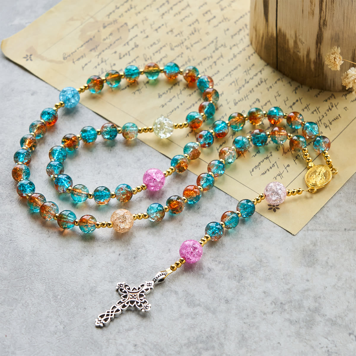 Divine Harmony Radiance Blue-Red Crackle Glass Beads Rosary with Cross ...