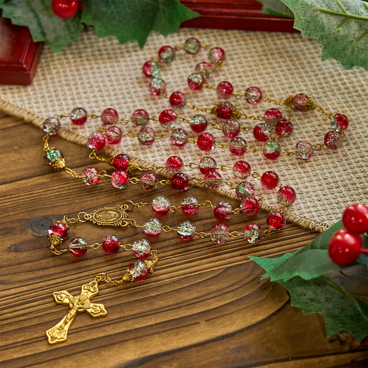 FREE Today: Christmas Red Bead Rosary with Golden Crucifix & Madonna ...