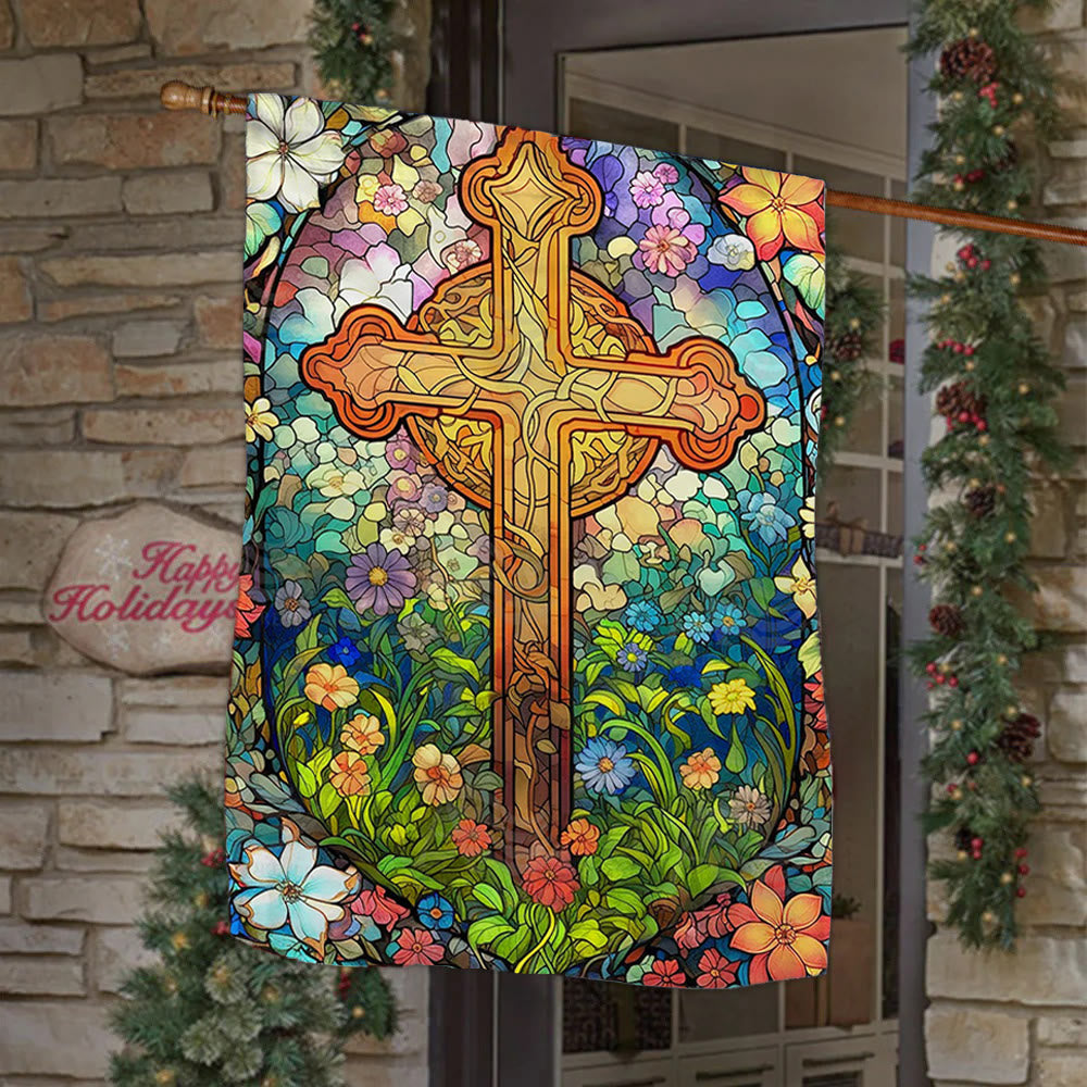 Christianartworkshop Floral Encircled Stained Cross Garden Flag - Faith ...