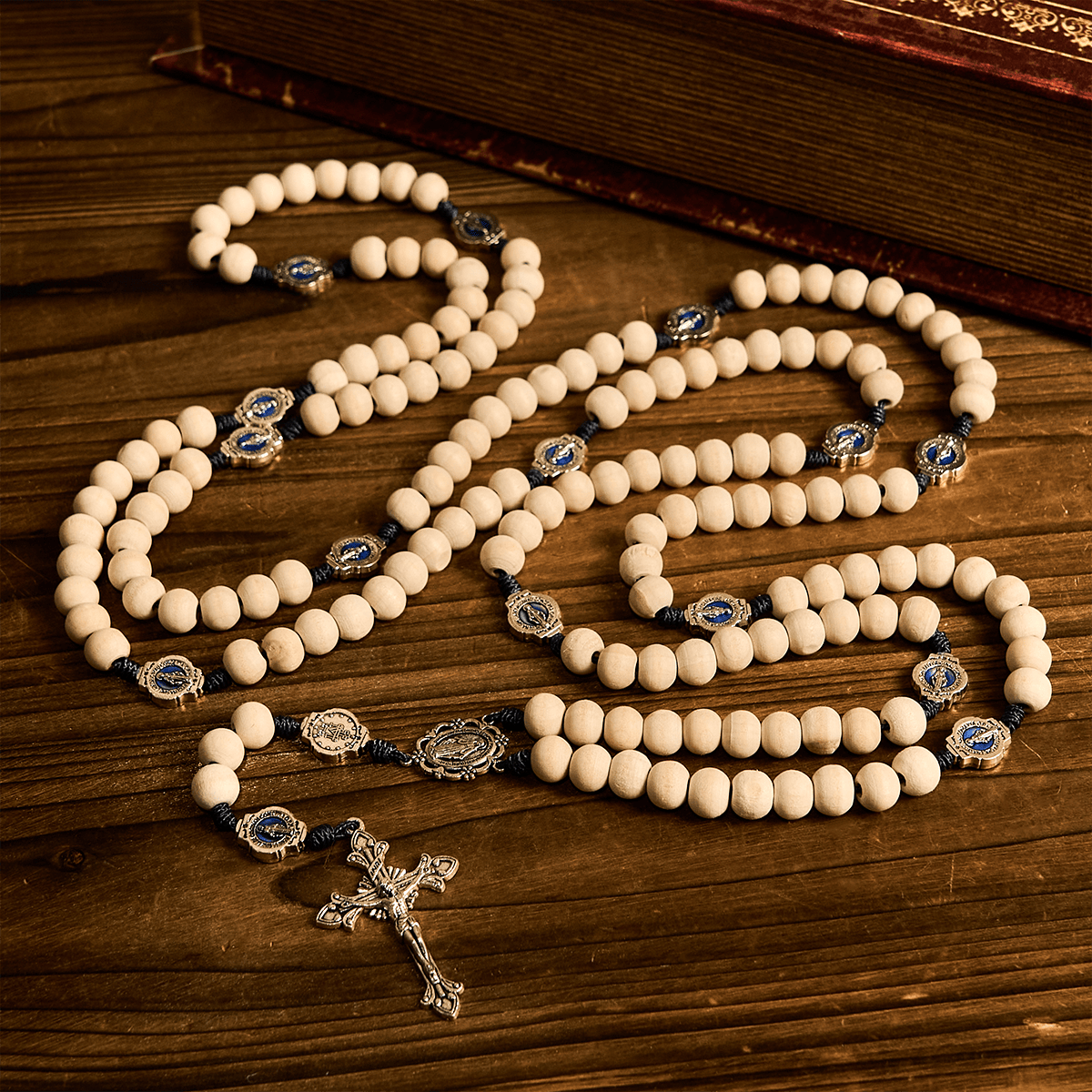 Traditional Ivory Bead Fifteen Decade Rosary with Miraculous Medal ...