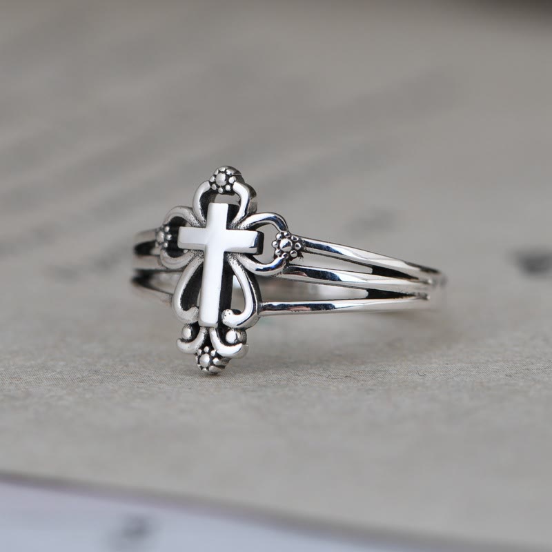 Sterling Silver Cathedral Style Cross Ring with Floral Scrolls ...