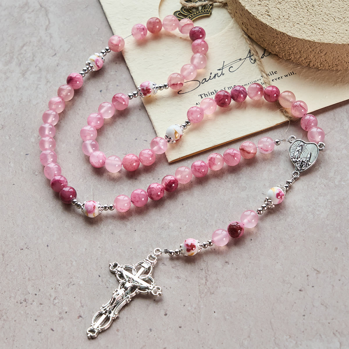 Pink Jade Marian Rosary – Five-Decade Handmade Rosary with Crucifix ...