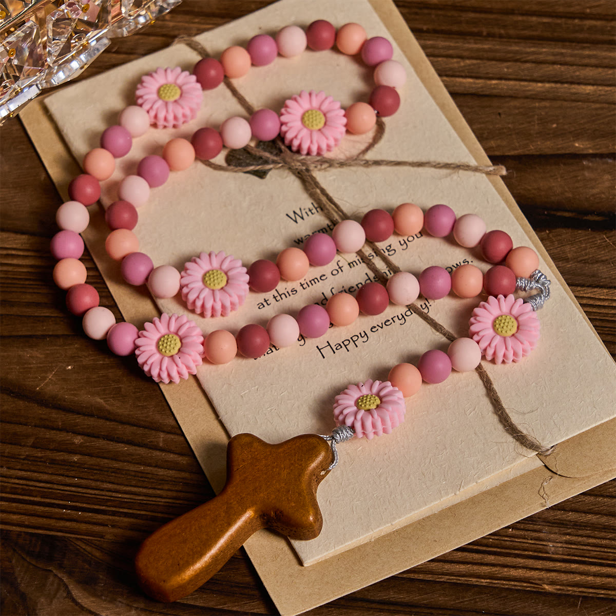 Children's Pink Silicone Daisy Rosary with Wooden Cross – 5-Decade ...