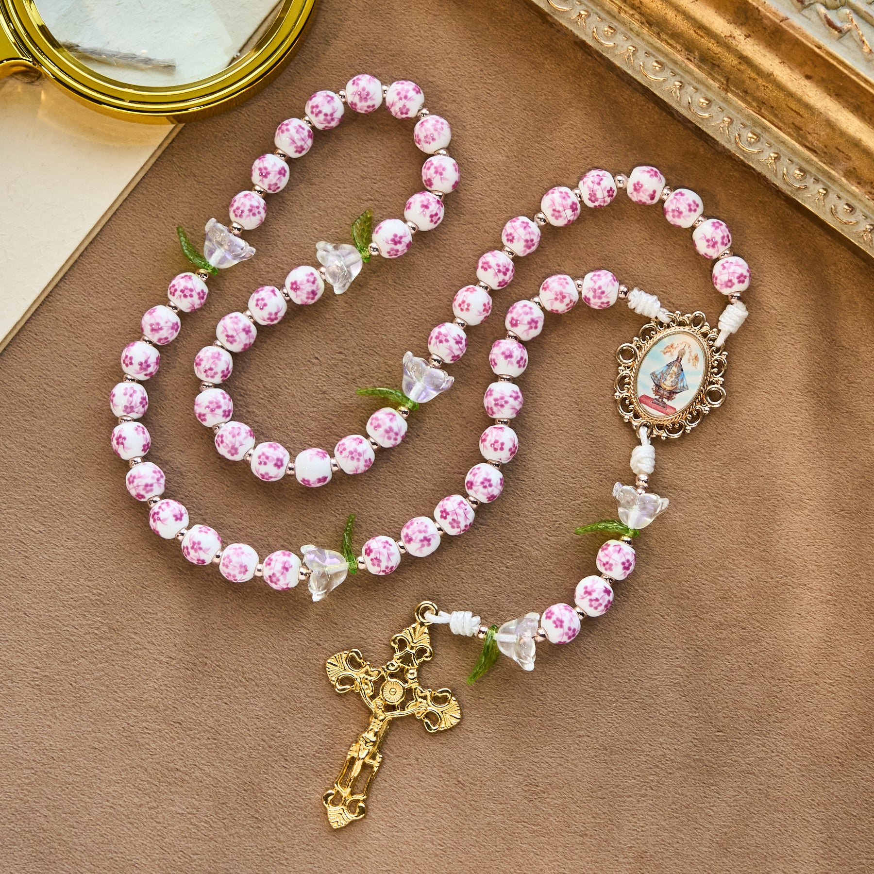 Christianartworkshop Pink Porcelain Rosary with Lily Accents & Marian ...