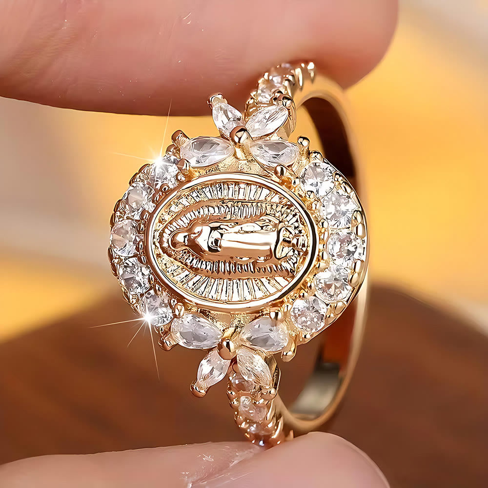 Virgin Mary Gold Emblem Ring — Christian Jewelry with Crystal Halo for ...