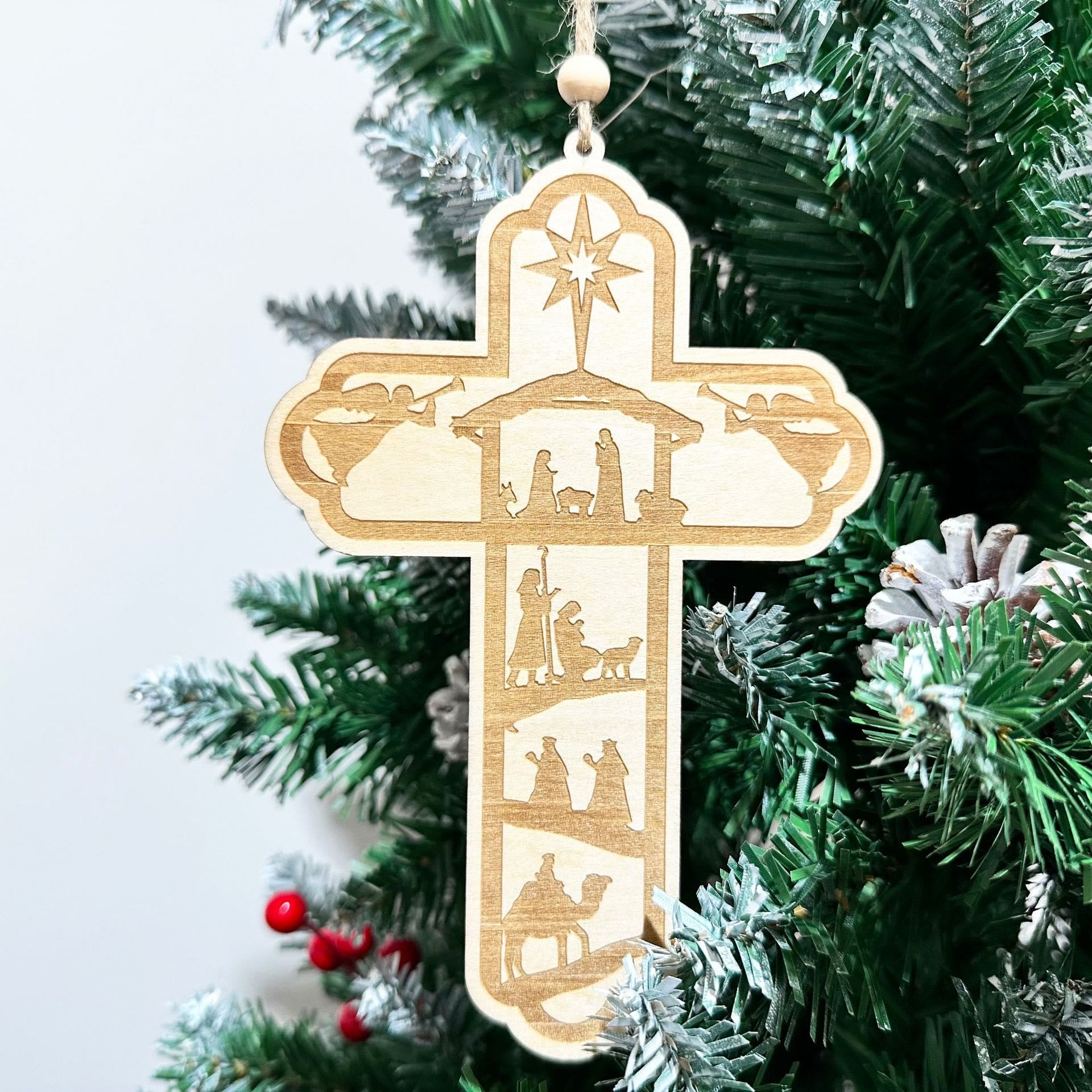 Wooden Nativity Cross Ornament with Guiding Star – Christian Christmas ...
