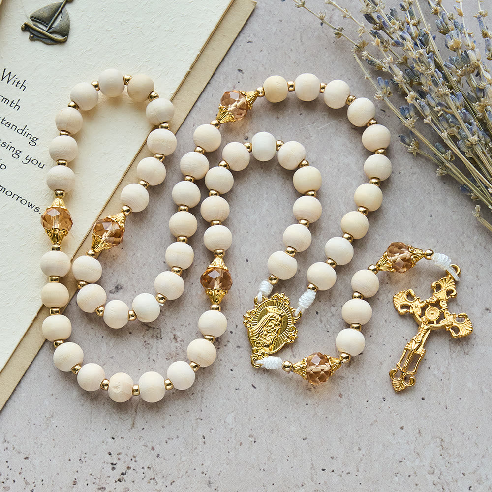 FREE Today: White Wood Bead Five-Decade Rosary with Champagne-Tone ...