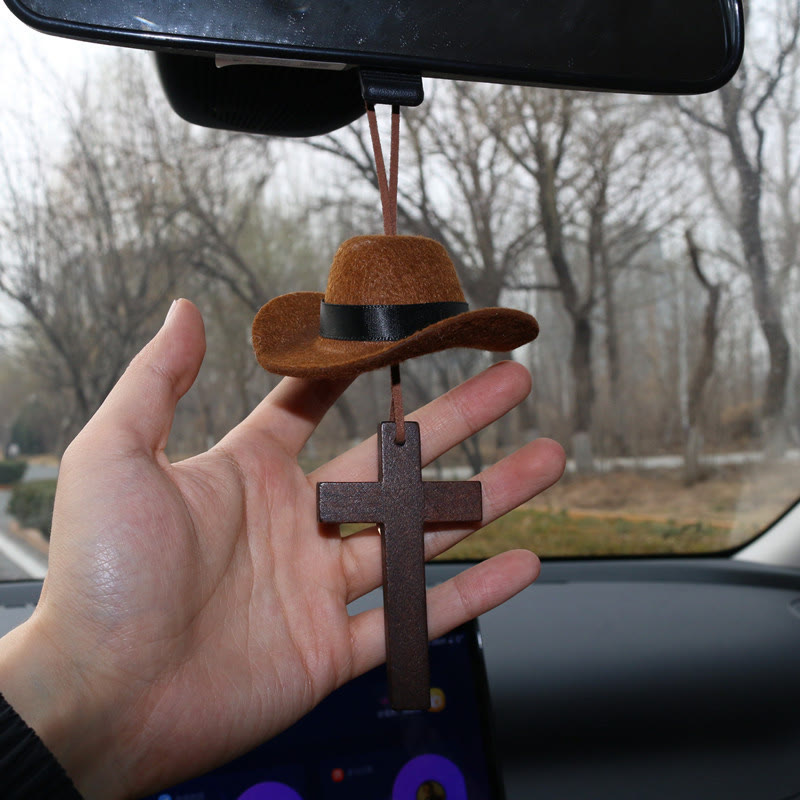 Cowboy Hat & Cross Car Pendant - Christian Jewelry Rearview Faith Decor ...