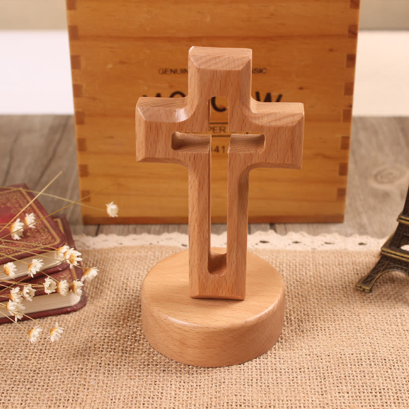 Wood Desktop Cross Ornament with Round Base - Christian Faith Desk ...